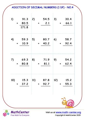 Addition Of Decimal Numbers 1 Dp No 4 Worksheets Math Center