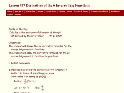 Derivatives Of The 6 Inverse Trig Functions Lesson Plan For 11th 12th Grade Lesson Planet