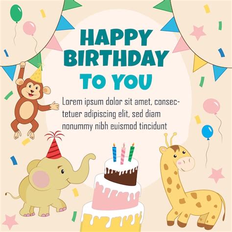 생일 축하 인사말 카드 및 파티 초대장 템플릿 벡터 일러스트 만화 스타일 프리미엄 벡터