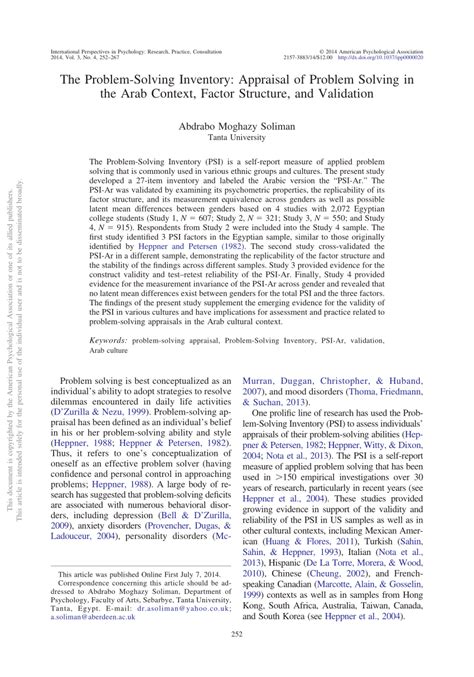 Pdf The Problem Solving Inventory Appraisal Of Problem Solving In The Arab Context Factor