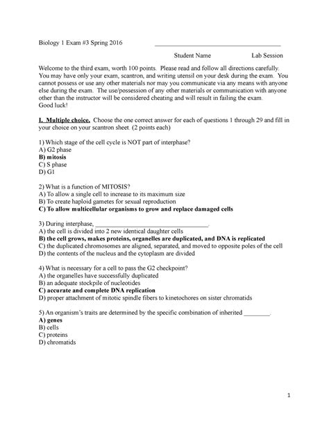 Answer Key Biology 1 Exam 3 Spring 2016 Biology 1 Exam 3 Spring 2016