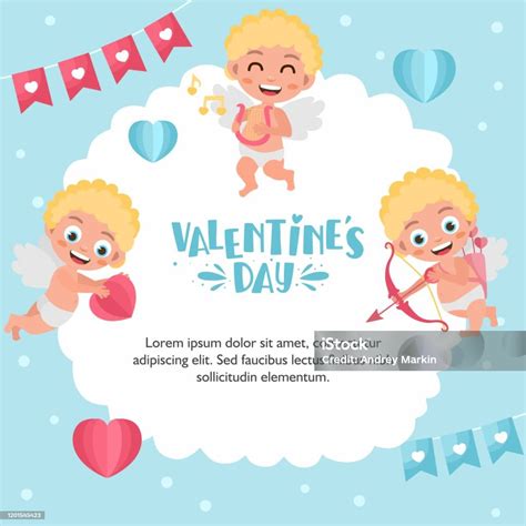 낭만적 인 인사말 카드입니다 귀여운 만화 큐피드의 일러스트 큐피드 천사들이 활을 쏘고 구름 속에서 날아간다 원래 휴일 디자인입니다 배너 발렌타인 데이 포스터 템플릿입니다 0