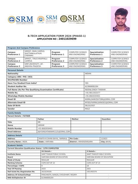 Btech Application Form 2024 Srmist Pdf