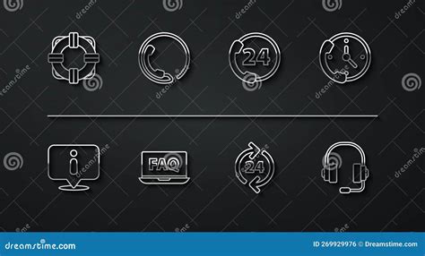 Set Line Lifebuoy Information Telephone 24 Hours Support Laptop And Faq Headphones And Icon