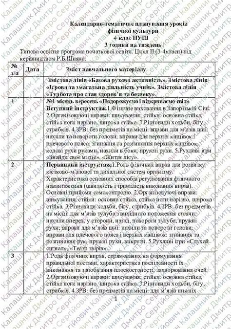 КАЛЕНДАРНО ТЕМАТИЧНИЙ ПЛАН З ФІЗИЧНОЇ КУЛЬТУРИ ДЛЯ 4 КЛАСУ НУШ за ШИЯНОМ Робоча програма