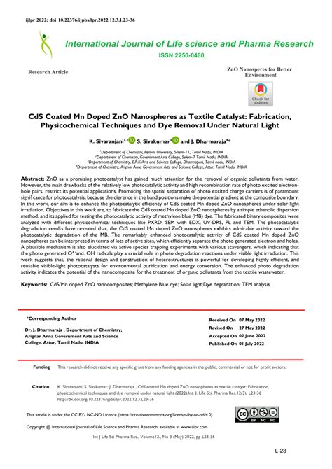 Pdf Cds Coated Mn Doped Zno Nanospheres As Textile Catalyst Fabrication Physicochemical