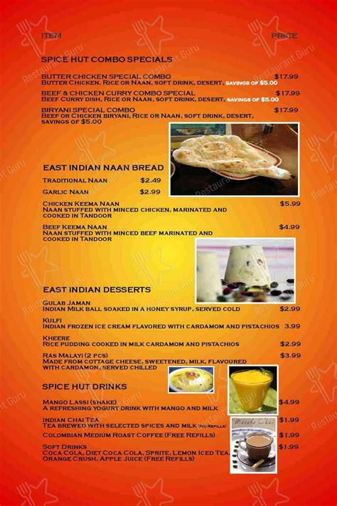 Menu At Spice Hut East Indian Cuisine Restaurant Kimberley