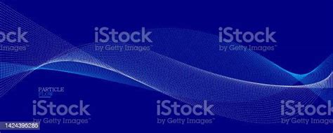 짙은 파란색 추상적 배경 흐르는 입자의 벡터 웨이브 움직임의 매력적인 점 기술 및 과학 테마 통풍이 잘되고 미래지향적인 일러스트레이션 3차원 형태에 대한 스톡 벡터 아트 및