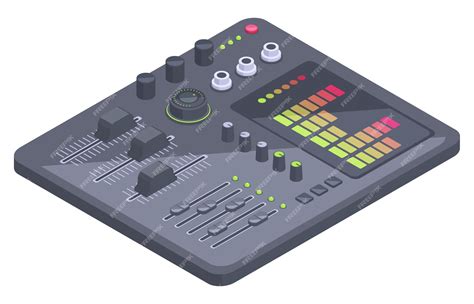 아이소메트릭 컨트롤 패널 우주선 대시보드 3d 항공기슬라이더 컨트롤러 및 버튼 플랫 벡터 그림 흰색 배경에 있음 프리미엄 벡터