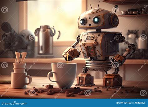 Cute Robot Assistant Preparing Morning Coffee For Busy Office Worker Stock Illustration