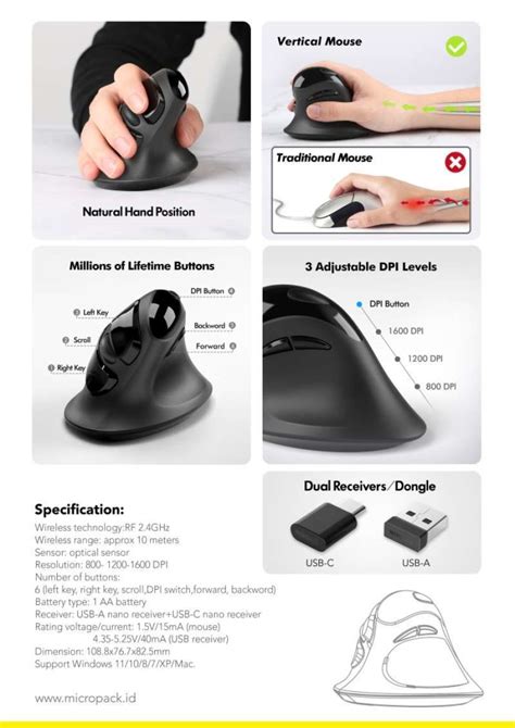 Jual MICROPACK MOUSE WIRELESS VERTICAL DUAL RECEIVER USB A USB C MP V03W HIJAU Di Seller