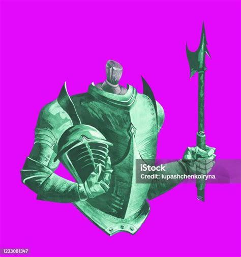 밝은 분홍색 배경에 마네킹에 남성 중세 갑옷과 금속 Halberds의 역사적인 주제에 종이에 구아슈의 예술 상징적 인 색상