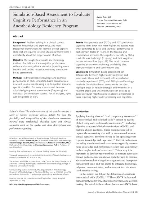 Pdf Simulation Based Assessment To Evaluate Cognitive Performance In An Anesthesiology