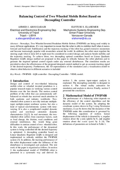 Pdf Balancing Control Of Two Wheeled Mobile Robot Based On Decoupling Controller