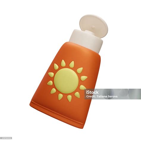 3d Spf 자외선 차단제 화장품 병 벡터 그림입니다 귀여운 만화 스타일의 주황색 자외선 차단제 크림 로션 포장은 흰색에