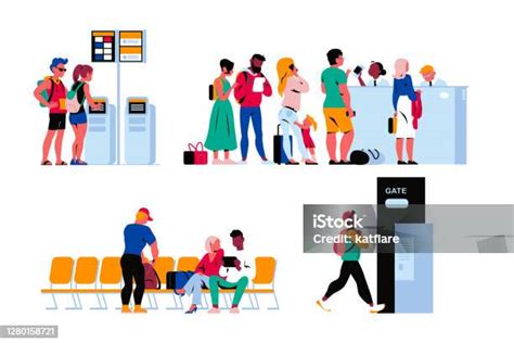 공항 터미널에 있는 사람들은 항공편을 기다리고 여권 심사를 거치고 온라인으로 등록합니다 도착 출발 시간표에 대한 스톡 벡터 아트