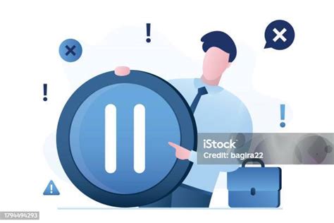 불행한 사업가 주인은 일시 중지 버튼을 누릅니다 경기 침체나 금융 위기로 인한 사업 활동의 일시적 정지 사업에 대한 트러블 어려운 결정 가격에 대한 스톡 벡터 아트 및 기타