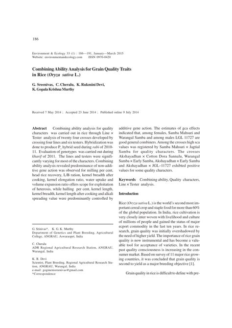 Pdf Combining Ability Analysis For Grain Quality Traits In Rice