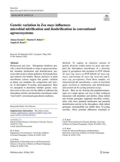 PDF Genetic Variation In Zea Mays Influences Microbial Nitrification And Denitrification In