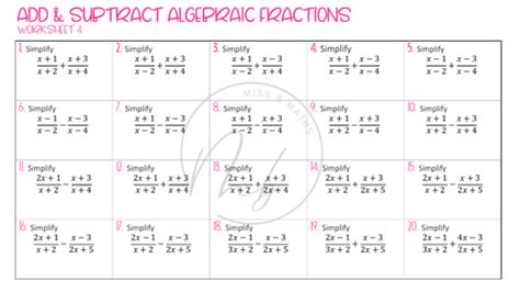 Adding And Subtracting Algebraic Fractions Worksheets Teaching Resources