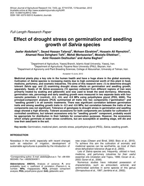 Pdf Effect Of Drought Stress On Germination And Seedling Growth Of Salvia Species