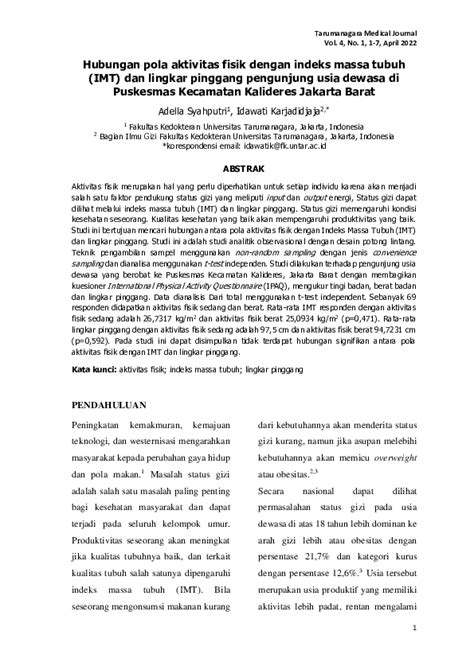 Pdf Hubungan Pola Aktivitas Fisik Dengan Indeks Massa Tubuh Imt Dan Lingkar Pinggang