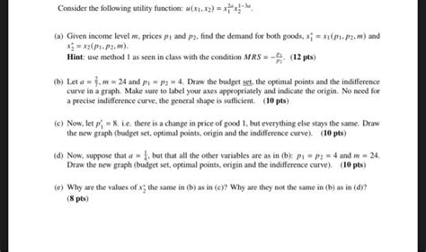 solved consider the following utility function