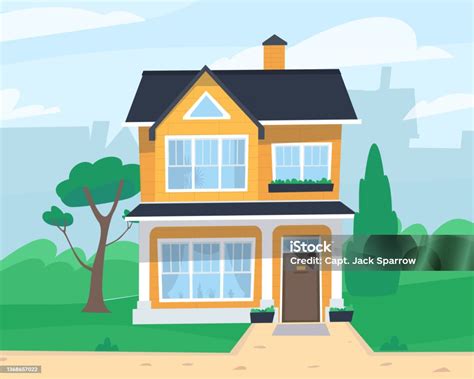 큰 창문이있는 멋진 2 층 짜리 집 집에 노란색 경로 교외 마을 플랫 벡터 집에 대한 스톡 벡터 아트 및 기타 이미지 집 거리 인도 보행자 통로 Istock