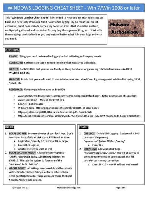 Windowsloggingcheatsheetv1 1 Pdf Windows Registry Group Policy