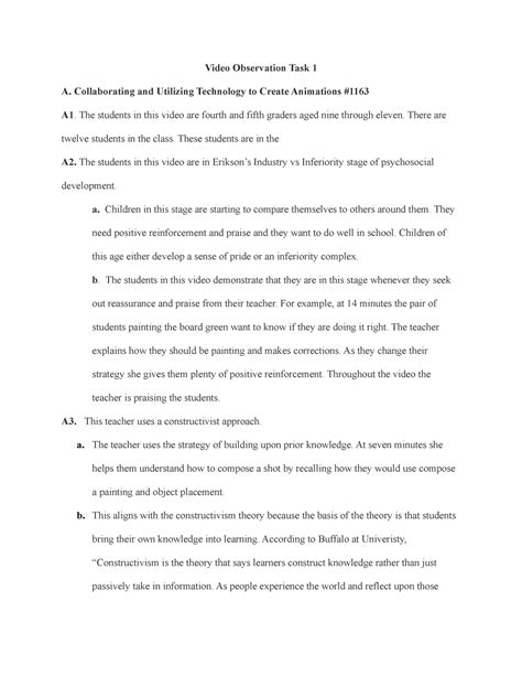 D307 Task 1 Example Of Task 1 Video Observation Task 1 A