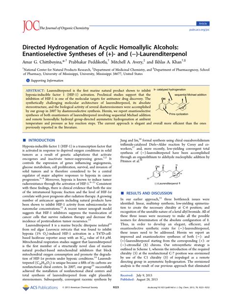 Pdf Directed Hydrogenation Of Acyclic Homoallylic Alcohols