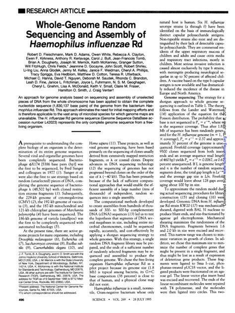Whole Genome Random Sequencing And Assembly Of Haemophilus Influenzae