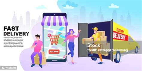 배달 개념 스마트 폰에서 식료품 주문으로 온라인으로 배달하는 남자 전화 평면 디자인 스타일을 통해 소셜 네트워크에서 쇼핑 벡터 그림입니다 개념에 대한 스톡 벡터 아트 및