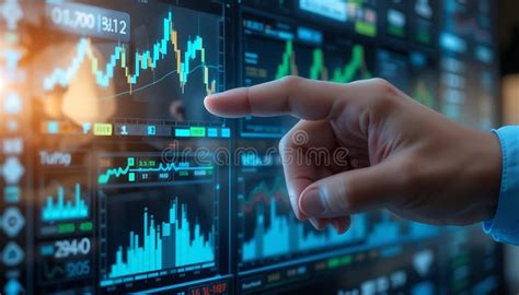 analyzing stock market data on screen with finger pointing at graph