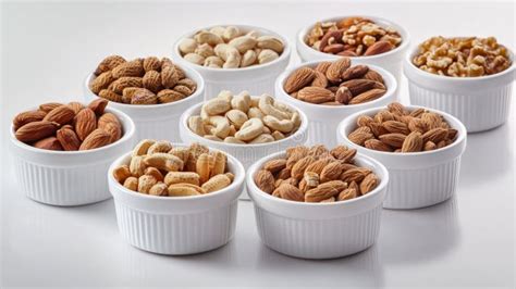 Variety Of Nuts In Small White Bowls Healthy Snacks Stock Image Image Of Cashew Healthy