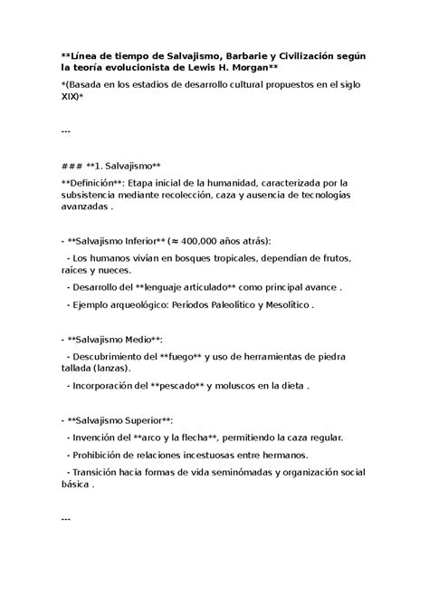 Línea De Tiempo De Salvajismo Barbarie Y Civilización Según Lewis H