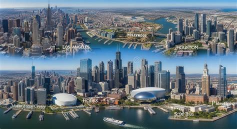 Diverse American City Skylines Collage Panorama Stock Illustration