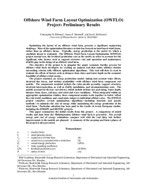 Pdf Offshore Wind Farm Layout Optimization Owflo Project Preliminary Results Jon Mcgowan