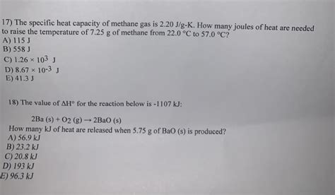 Solved 17 The Specific Heat Capacity Of Methane Gas Is 2 20