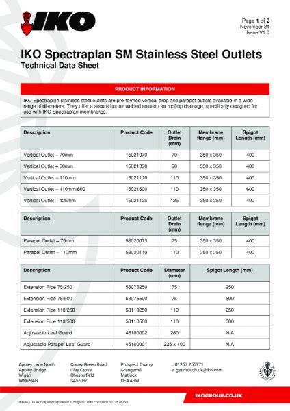 Technical Data Sheet Tds Iko Spectraplan Stainless Steel Outlets Iko Ireland Nbs Source