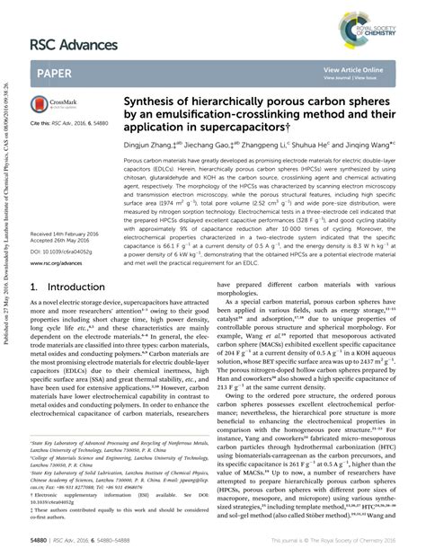 Pdf Synthesis Of Hierarchically Porous Carbon Spheres By An Emulsification Crosslinking Method