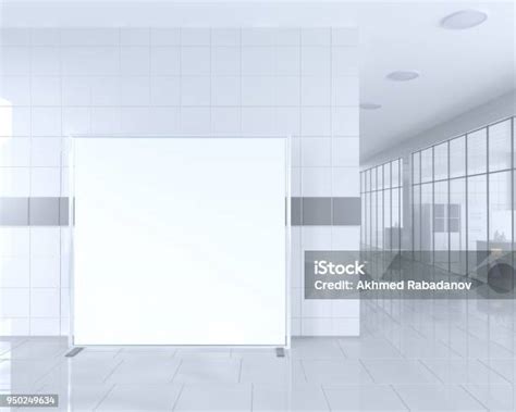 빈 롤 배너 광고 서 주위에 클리핑 경로와 밝은 사무실 인테리어에 서 3 차원 일러스트 레이 션 0명에 대한 스톡 사진 및 기타 이미지 Istock