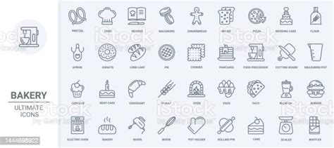 베이커리 음식 메뉴와 주방 장비 얇은 라인 아이콘 세트 달콤한 케이크와 빵 빵에 대한 스톡 벡터 아트 및 기타 이미지 빵 오븐 외형선 Istock