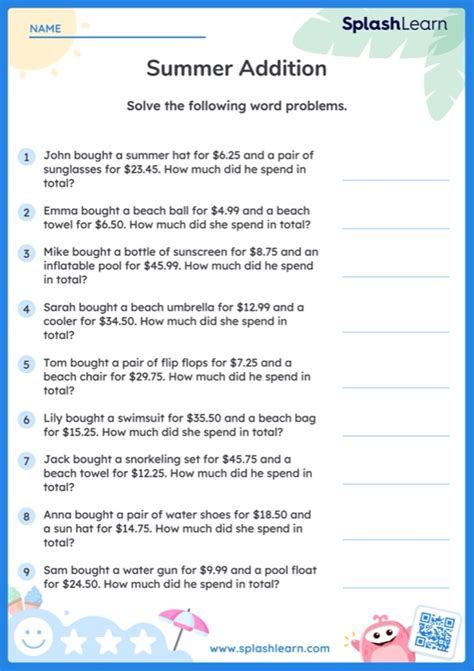 Add Decimal Numbers With 2 Decimal Place Summer Word Problems