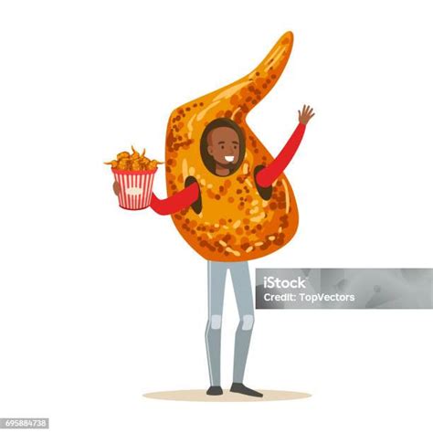 미소를 입고 남자 튀긴 닭 날개 의상 패스트 푸드 스낵 문자 벡터 일러스트 레이 션 건강한 생활방식에 대한 스톡 벡터 아트 및 기타 이미지 건강한 생활방식 건강한