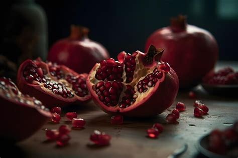 Premium Ai Image Ripe Pomegranate With Juicy Seeds On Old Wooden Table Neural Network Ai Generated