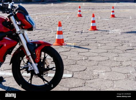 Concept Of Motorcycle School Of Driving Riding Between Cones Lesson