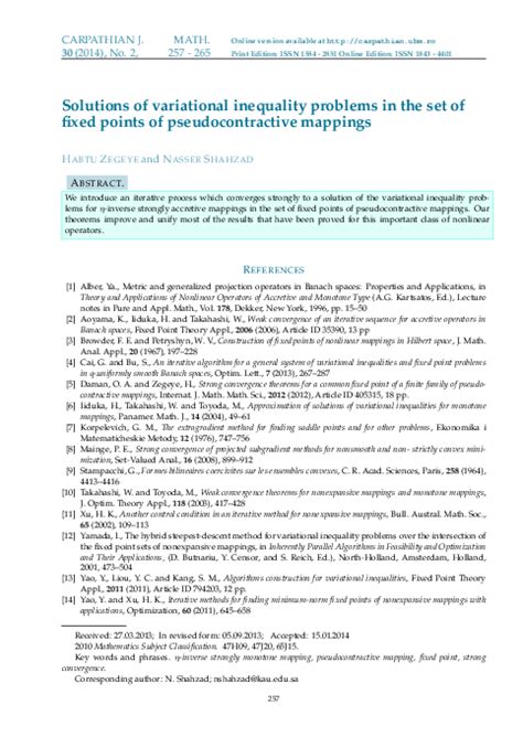 Pdf Solutions Of Variational Inequality Problems In The Set Of Fixed