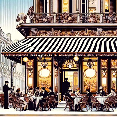 An Old Cafe In Paris Art Deco Style Concept Illustration Stock
