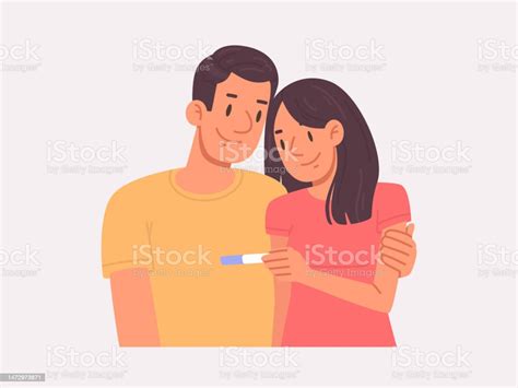 여자와 남자는 긍정적 인 임신 테스트를 봅니다 행복한 부부는 곧 부모가 될 것이라는 것을 알게되었습니다 가족에 대한 스톡 벡터
